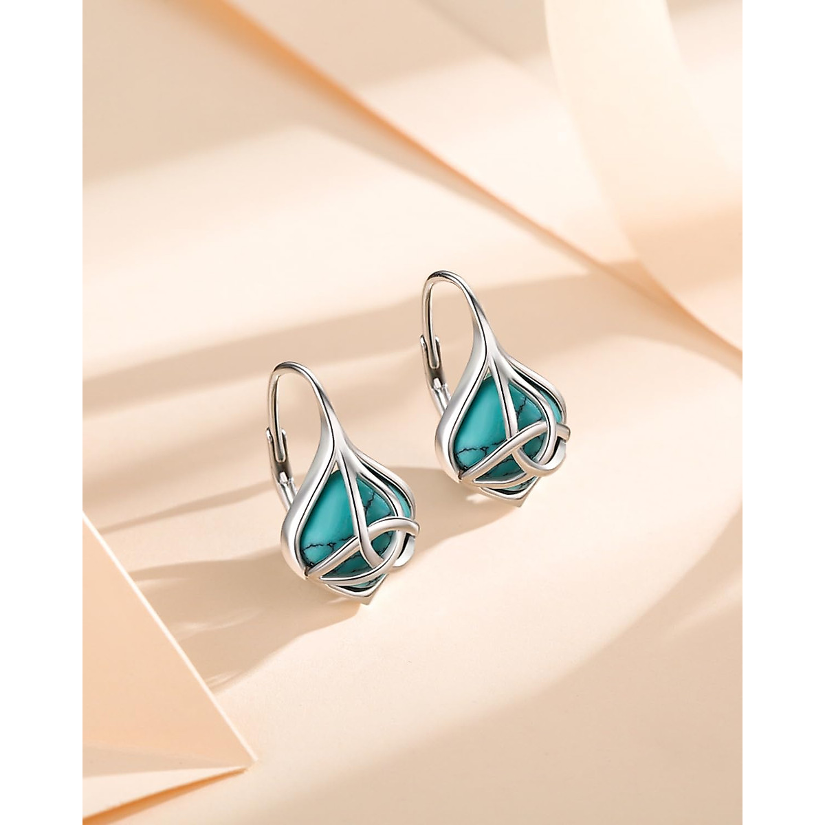 BDL Celtic Knot Genuine Turquoise Leverback Earrings Sterling Silver Dangle Drop Jewelry for Women