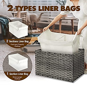Greenstell Storage Basket with Lid, Handwoven Large Shelf Basket with Cotton Liner and Metal Frame, Foldable & Easy to Install, Storage Box Basket Bin with Handle for Bedroom, Laundry Room Grey 105L