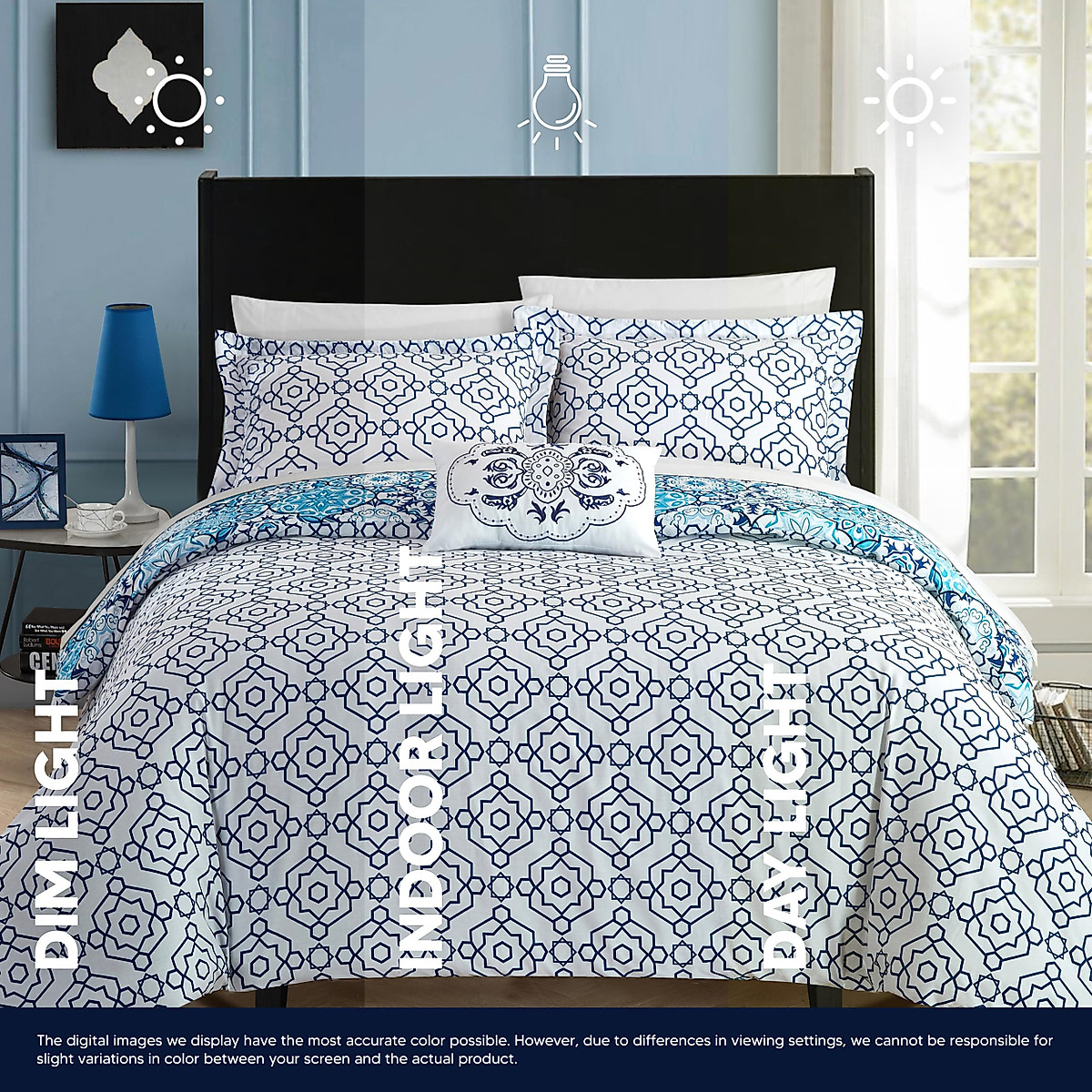 Chic Home Bristol 4 Piece Reversible Cover Set 100% Cotton Bohemian Inspired Contemporary Geometric Print Zipper Closure Bedding, Queen Duvet, Blue