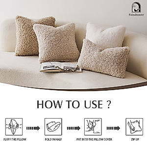 Foindtower 2 Pieces Faux Fur Throw Pillow Cover Decorative Sherpa Pillow Fuzzy Accent Pillowcases Soft Sheepskin Fleece Cushion Case for Bed Couch Living Room 18x18 Inch Light Khaki