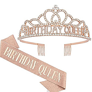 AOPRIE Birthday Crown for Women Birthday Queen Sash for Women Birthday Tiara for Women Birthday Girl Headband Princess Crown Rhinestone Happy Birthday Accessories Rose Gold