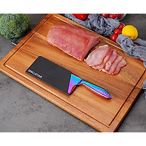 WELLSTAR Rainbow Meat Cleaver and Blade Guard, 7 inch Iridescent Chinese Meat Vegetable Butcher Knife, Super Sharp German High Carbon Stainless Steel Chef’s Kitchen Knife with Ergonomic Handle