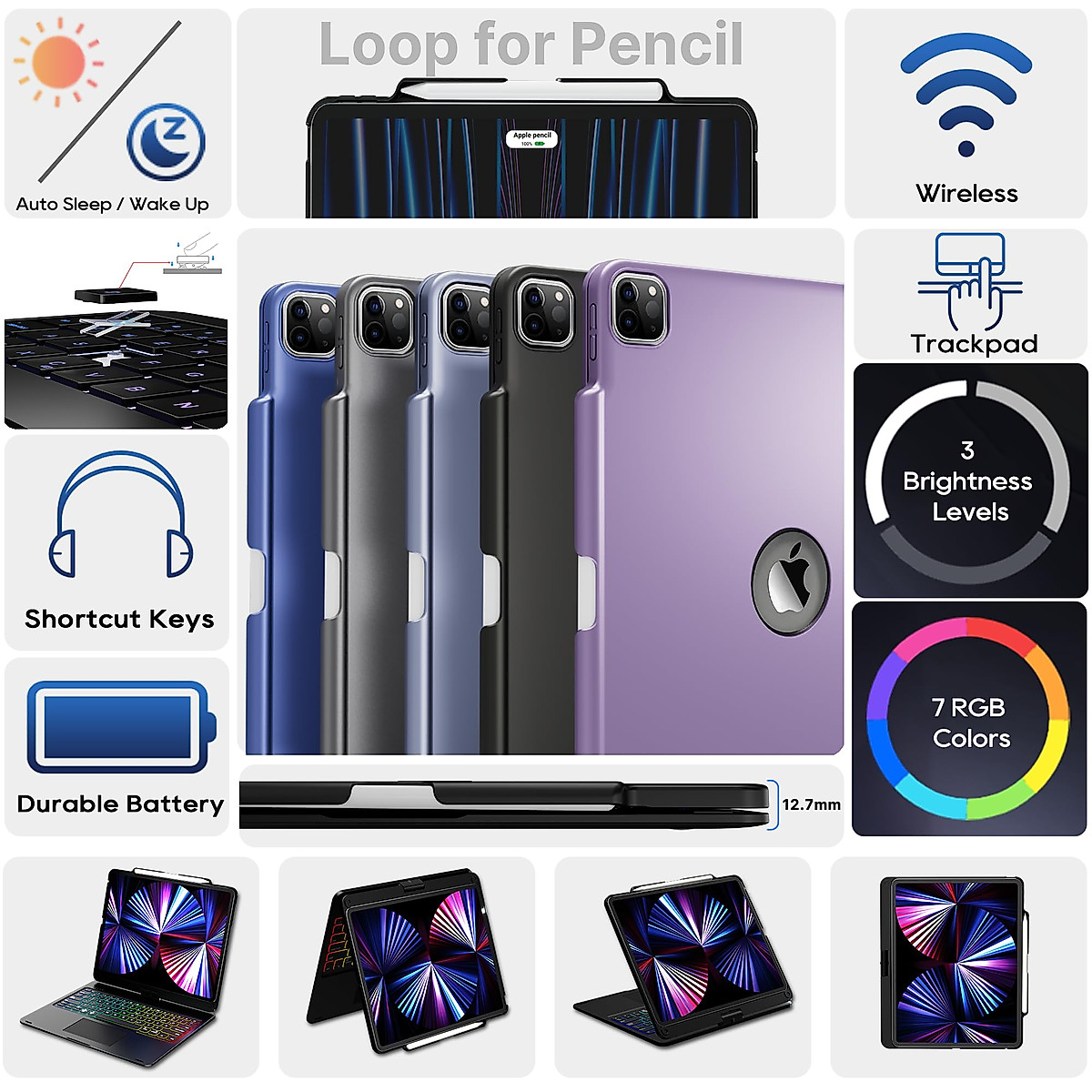 edaiser Swivel Keyboard Case for Apple iPad Pro 12.9 inch 6th Generation 5th 4th 3rd Gen; Wireless Rotatable Cover with Pencil Holder, Multi-Touch Trackpad, Backlit, Black