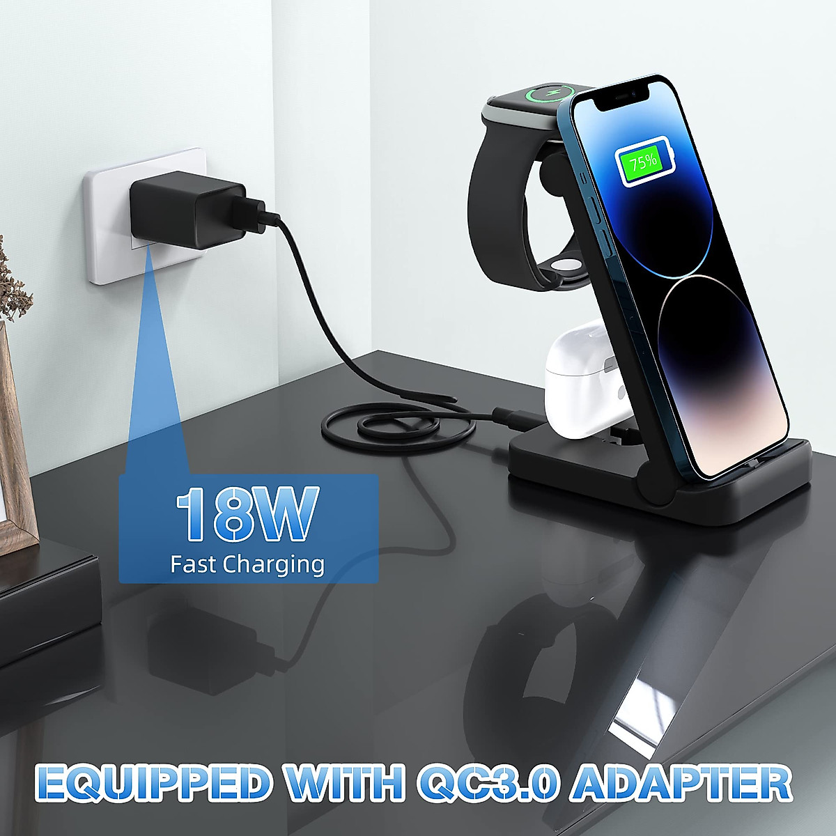 Charging Station for Apple Multiple Devices, １８𝐖 𝐅𝐨𝐥𝐝𝐚𝐛𝐥𝐞 ３ 𝐢𝐧 １ Charger Dock Stand for iPhone 14 Pro Max/13/12/11/X/8 Plus, Fast Charger Station Suitable for iPhone, iWatch, AirPods