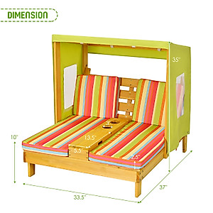Costzon Kids Chaise Lounge, Double Seat Patio Chair w/Canopy, Cup Holders, Cushion, Breathable Mesh, Backrest Recliner, Children Outdoor Wood Furniture Gift for Boy Girl 3-8 Year Old, Kids Beach Chair