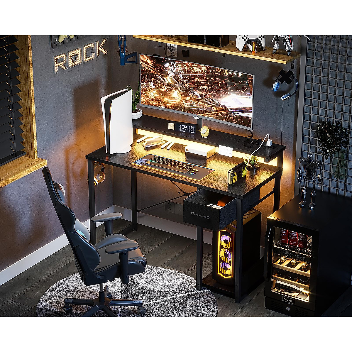 AODK Gaming Desk with LED Lights & Power Outlet, 40 Inch Computer Desk with Drawer, Reversible Desk with Adjustable Monitor Shelf & Headphone Hook for Home Office, Black