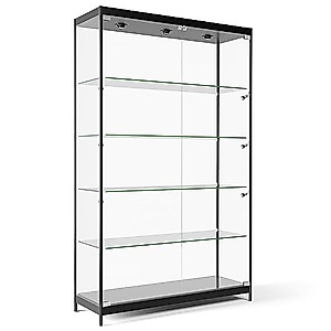 Displays2go 48 Inch Glass Display Case, Nine LED Lights, Four Shelves, Lockable Hinged Doors - Black (LESC4816BK)