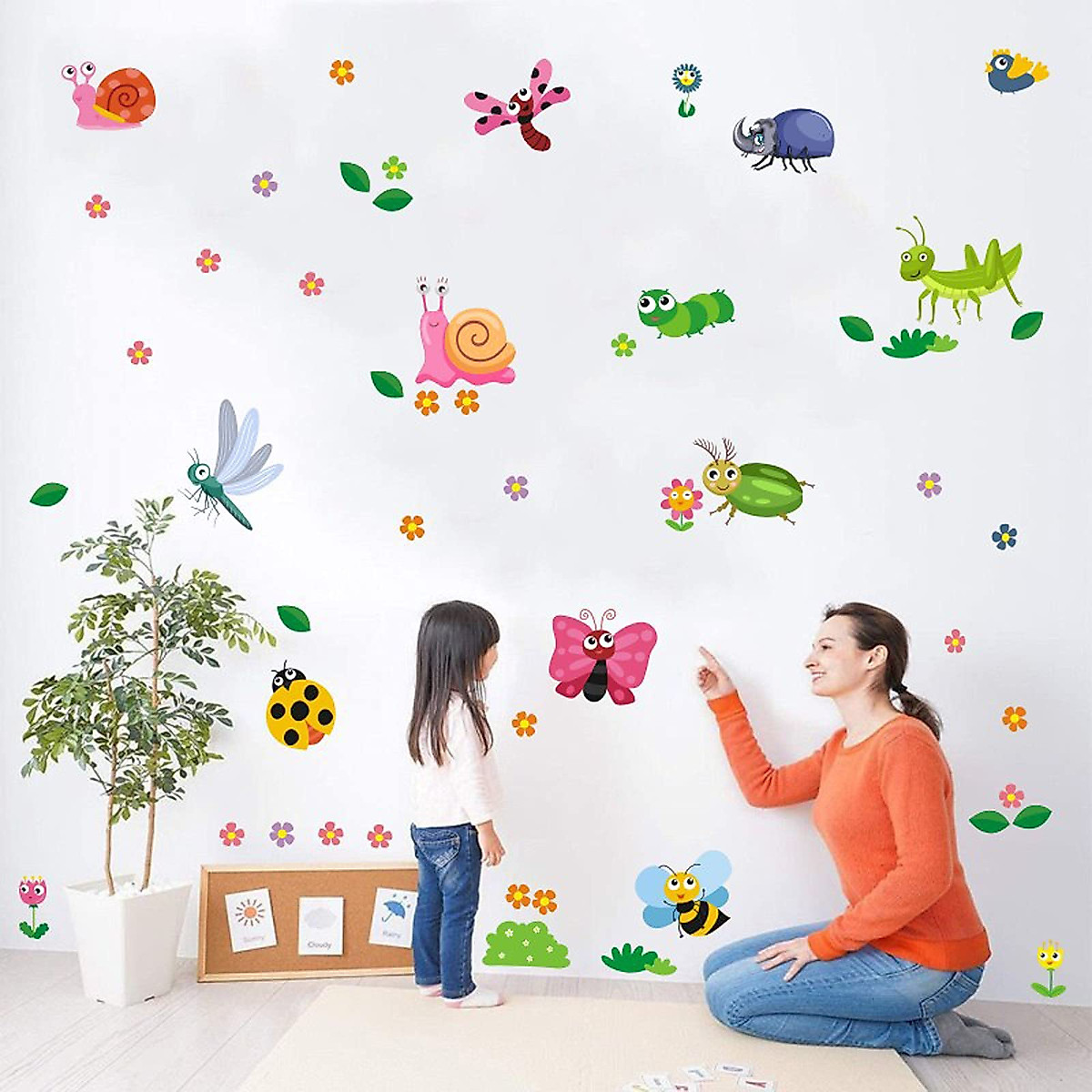 Maydahui Cartoon Insect Wall Decals Stickers (50 x 50 Inch) Butterfly Ant Flower Leaf Caterpillar Ladybug Dragonfly Mantis Snail Bird Little Bee Snake Cloud Butterfly DIY Removable Cute Animals Wall