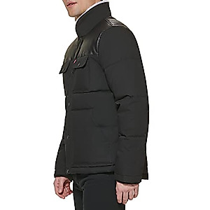 Levi's Men's Mixed Media Quilted Puffer Jacket with Sherpa Lined Collar (Regular and Big & Tall Sizes), Black/Faux Leather, X-Large