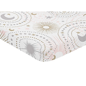 Sweet Jojo Designs Blush Pink, Gold, Grey and White Star and Moon Baby Girl Fitted Mini Portable Crib Sheet for Celestial Collection - for Mini Crib or Pack and Play ONLY
