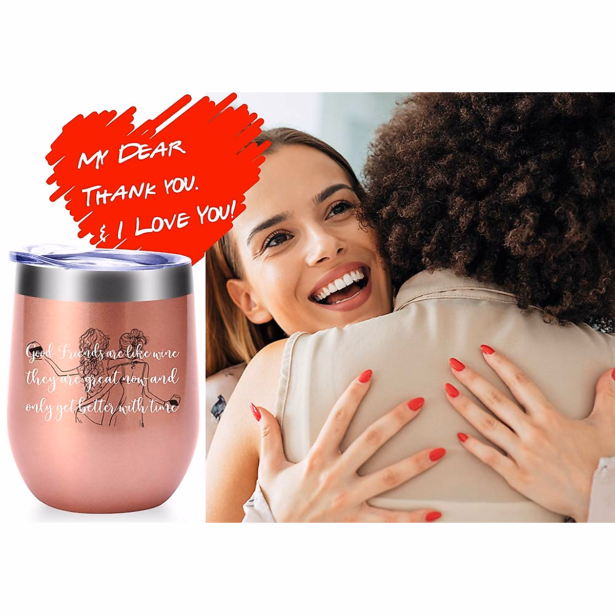 Good Friends Are Like Wine They Are Great Now And Only Get Better With Time Mug.Best Friend,Long Distance Friendship,Birthday,Christmas Gifts for Women,Bestie Wine Tumbler(12oz Rose Gold)