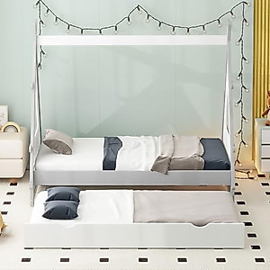 JIVOIT Wooden Tent Floor Bed with Pull-Out Twin Size Trundle, Twin Size Floor Bed House Bed with X-Shaped Safety Railings, Montessori Bed Playhouse House Platform Bed for Kids Boys Girls