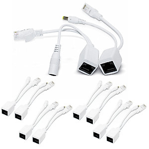 BeElion 5-Pair/10pcs White Passive PoE Injector and Splitter Kits with 5.5x2.1mm DC Connector RJ45 Power Over Ethernet for CCTV Surveillance Camera System