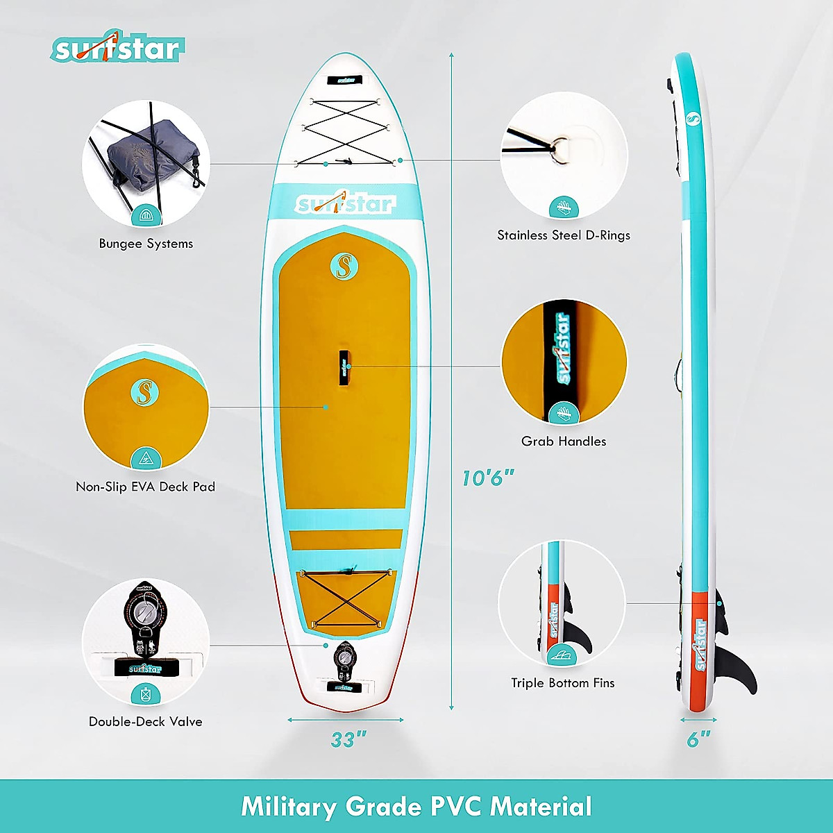 surfstar Inflatable Paddle Board, Stand Up Paddle Boards for Adults, 10’6’’x33’’x6” Paddleboard Lightweight SUP with Premium Ankle Leash, Paddle, Dual Action Pump, Backpack, Waterproof Bag and Fin