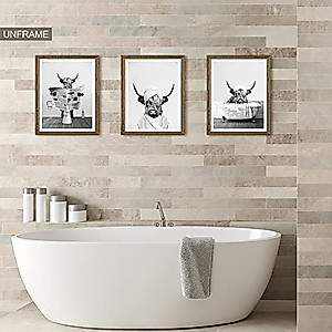 YLYYOO Funny Highland Cow Bathroom Wall Art,black and White Canvas Wall Art Farmhouse Bathroom Wall Decor,highland Cow Pictures Prints for Wall Decor Set of 3 Unframed. (Black,3PCS-12"x16"-Unframed)