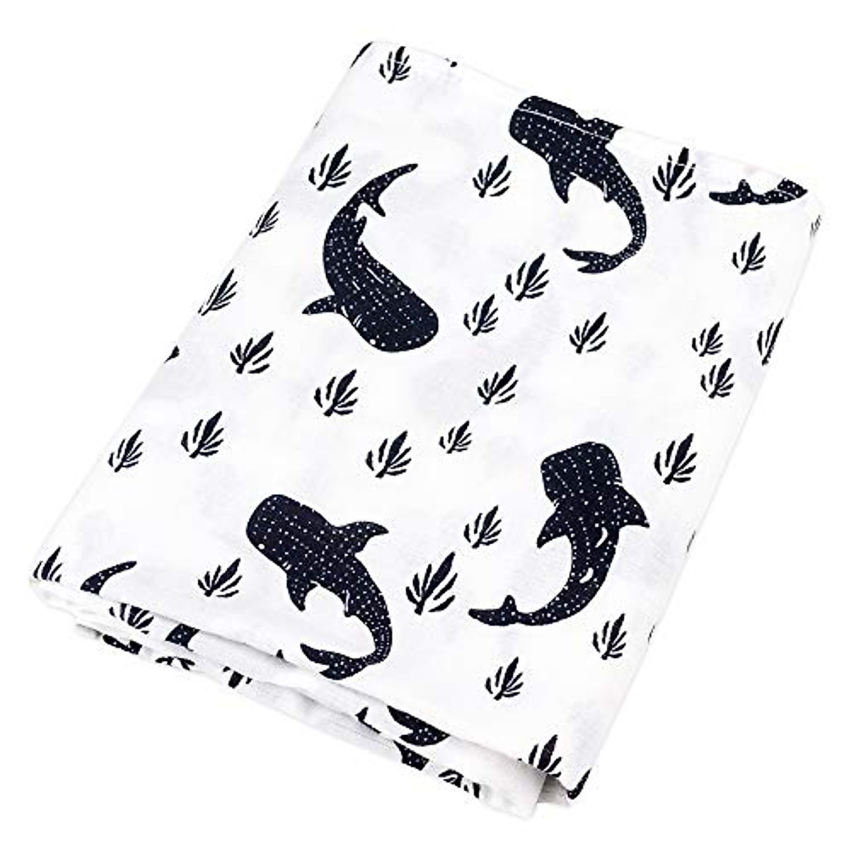Oliver & Rain Organic Muslin Baby Boy Swaddle Blankets 4 Pack Receiving Blanket Whaleshark and Stingray Print, Dark Blue Dash Stripe and Solid White