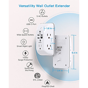 Outlet Extender with Night Light and Black 8 Outlets Power Strip Surge Protector with 4 USB Ports Bundle