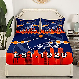 Erosebridal Twin Fitted Sheet for Boys Football Kids Bed Sheets for Football Fan American Football Bed Set for Men,Boys Rugby Bedding Set with 1 Pillowcase,Red Blue Orange(Chicago)