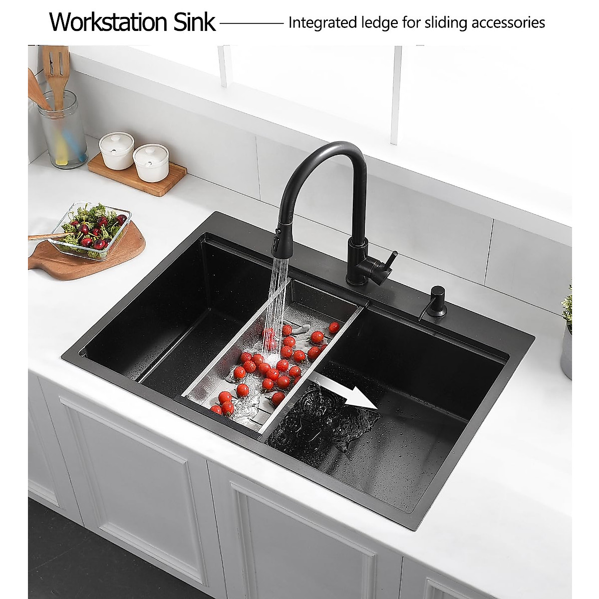 33 Drop In Black Workstation Kitchen Sink, Luckyhorse 33x22 16 Gauge Gunmetal Black Stainless Steel Sink Drop In Workstation Kitchen Sink LH007SB