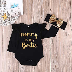 Newborn Baby Girls Clothes Floral “Mommy is My Bestie” Bodysuit Romper +Headband