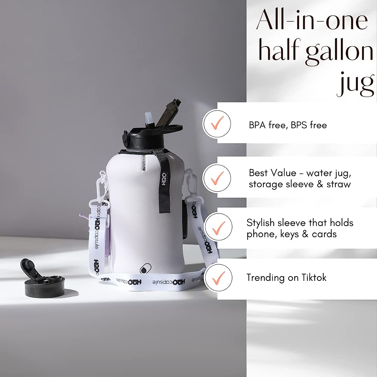 H2O Capsule 2.2L Half Gallon Water Bottle with Storage Sleeve and Covered Straw Lid – BPA Free Large Reusable Drink Container with Handle - Big Sports Jug, 2.2 Liter (74 Ounce) Canvas White