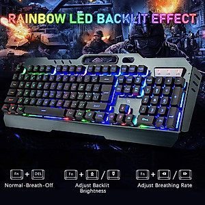 Wireless Gaming Keyboard and Mouse Combo, Rechargeable 16 Kinds RGB Backlit PC Gaming Keyboard Mouse w, Mechanical Feel Keyboard and 7 Color Gaming Mute Mouse for Windows Computer Gamers (Black)