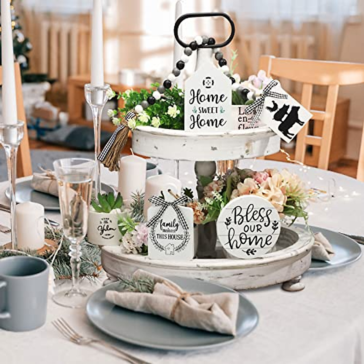 10 Pcs Farmhouse Tiered Tray Decor Farmhouse Home Decor Mini Signs Rustic Home Wood Sign Cutting Broad House Shaped Table Decor Buffalo Plaid Farm Fresh Sign (Home Style)