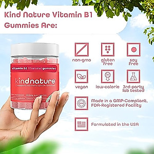 Kind Nature Vitamin B1 Gummies - Chewable Thiamine 500mg per Serving - Formulated for B1 Vitamin Deficiency - Non GMO, Vegan, Natural Strawberry Flavor Thiamine B1 Supplement for Adults & Kids