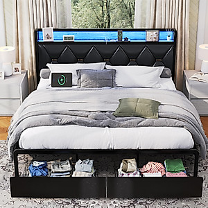 Ailisite Queen Size Bed Frame with Headboard and Storage Drawers, Upholstered Black Platform Bed Frame with Storage Typ-C Charging Port,LED Queen Bed Frame with Headboard,Heavy Duty,No Box Spring Need