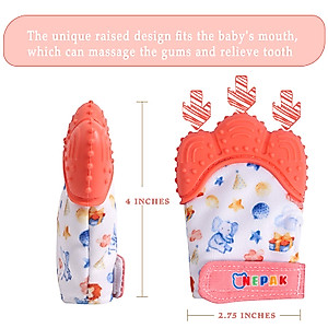 NEPAK Teething Mitten 2 Pairs-Baby Glove Stimulating Teether Toys for Boys & Girls-Teething Glove for Child (Cartoon Puppet,Coral and Mint Colours)