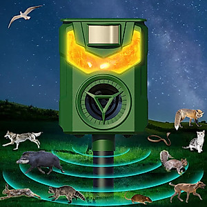 Ultrasonic Animal Repeller, 2023 New Solar Powered Cat Repellent Outdoor with Flame Light Flicker, 5 Modes Waterproof Dog Deterrent Repel Dogs,Cat, Bird,Squirrels,Raccoon,Rabbit,Fox for Garden Yard