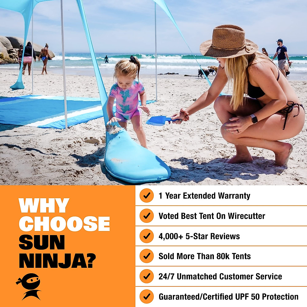 SUN NINJA Beach Tent Sun Shelter with UPF50+ Protection, Includes Sand Shovel, Ground Pegs and Stability Poles, Outdoor Pop Up Beach Shade Canopy for Camping, Fishing, Backyard Fun or Picnics