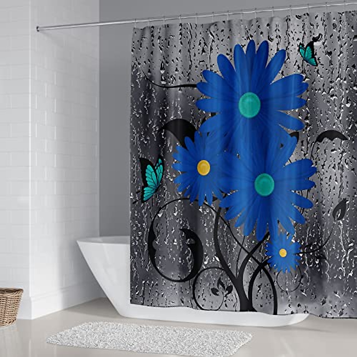 ALEXEX 4Pcs Blue Daisy Shower Curtain Sets with Non-Slip Rugs, Toilet Lid Cover and Bath Mat, Floral Butterfly Bathroom Decor Set Accessories Waterproof Shower Curtains with 12 Hooks, 72 x 72 Inch