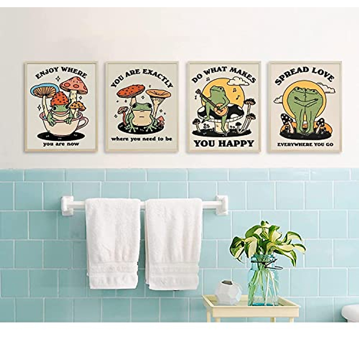 Retro Poster Wall Art Print Retro Frog Posters,Retro Positive Quote, Positive Self Care Mushroom Illustration,Wall Art Canvas for Living Room Bedroom Kids Room Decorate Room Home Decor,Gift.Set of 4(Unframed,8”X10”inches).