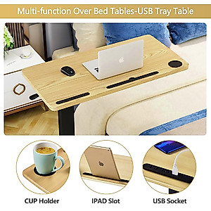BeGyoku Overbed Table,Hospital Bed Table,Pneumatic Bed Tables Adjustable Over The Bed with Hidden Wheels&USB,Mobile Laptop Table Cart&Rolling Bedside Table with Tray Hospital Home Use-Oak