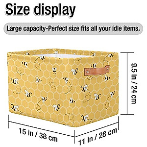 Yellow Bees Pattern Storage Baskets, 2 Pack Storage Bins with Durable Leather Handles Honeycombs Honey Bee Foldable Closet Organizer Bins for Clothing, Blanket, Comforters, Toys