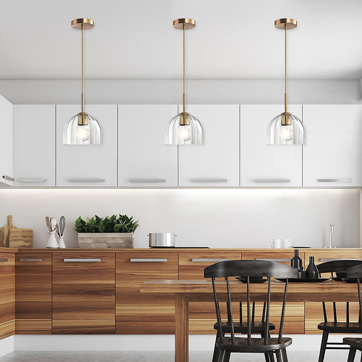 Lighten Chance Modern Pendant Light Kitchen Island, Bell Lamp Shape Hanging Ceiling Lighting Fixture with Clear Striped Glass Lampshade Dining Room, Warm Brass Finish