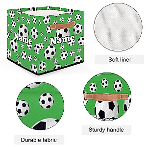 Sport Football Soccer Customs Cube Storage Bins with Name, Soccer Ball Personalized Storage Baskets for Organizing Toys, Shelves, Closet, Fabric Storage Boxes with Handles