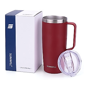 SUNWILL Insulated Coffee Tumbler with Lid, Travel Coffee Mug with Handle 24oz, Double Wall Stainless Steel Tumbler, Thermal Reusable Cup Outdoor, Powder Coated Wine