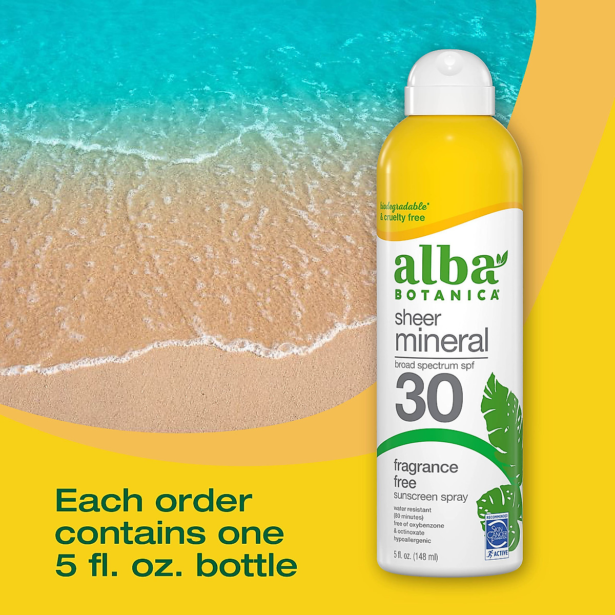 Alba Botanica Sheer Mineral Sunscreen Spray, SPF 30, Fragrance-Free Broad Spectrum, Water Resistant and Biodegradable, 5 fl. Oz. Bottle