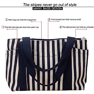 AONIJIE Canvas Work Tote Bag for Women, Medium Teacher Shoulder Bag, Lightweight Handbag Purse with Zipper Fit 13.3 Inch Laptop, Black Strip