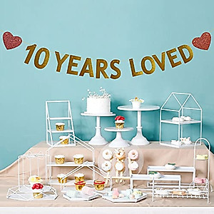 10 YEARS LOVED Banner for 10th Birthday /Wedding Anniversary Party Decorations Supplies, Pre-strung, No Assembly Required, Gold Glitter Paper Garlands Banner, Backdrops, Letters Gold, Betteryanzi