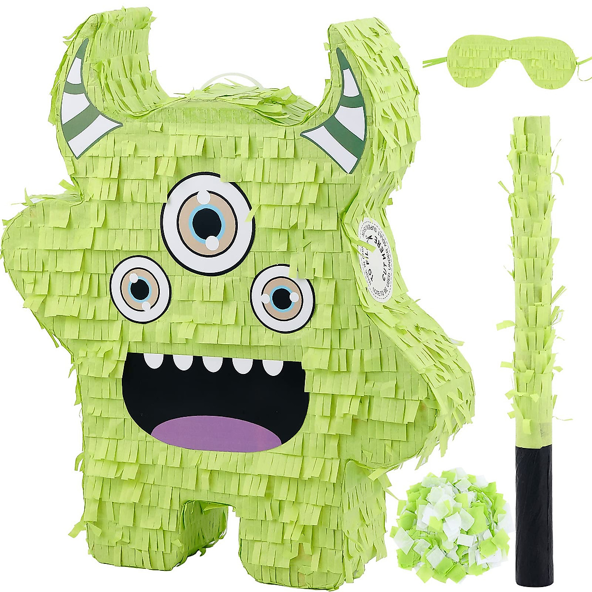 Halloween Piñata Set with Blindfold Piñata Stick and Confetti Funny Party Favors Green Devil Shape Bash Piñata for Kids Halloween Birthday Party Decoration Supplies, Baby Shower, 15.75 x 9.06 Inches