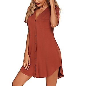Ekouaer Short Sleeve Nightgown Button Sleep Dress for Women Sleepwear with Split Hem Wedding Pajama Party Dress Brick Red