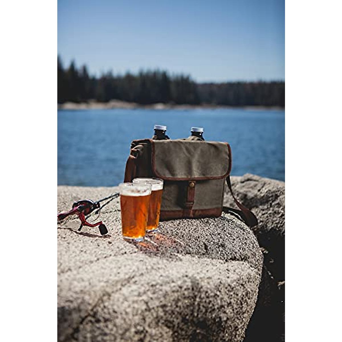 LEGACY - a Picnic Time brand Insulated Double Glass Growler Tote, Beer Gifts for Men, Waxed Canvas Tote Bag Water Bottle Carrier, (Khaki Green with Brown Accents)