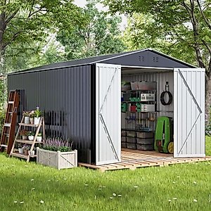 Generic Outdoor Sheds 8FT x 12FT & Outdoor Storage Clearance, Metal Anti-Corrosion Utility Tool House with Lockable Door & Shutter Vents, Waterproof Storage Garden Shed for Backyard Lawn Patio, Gray