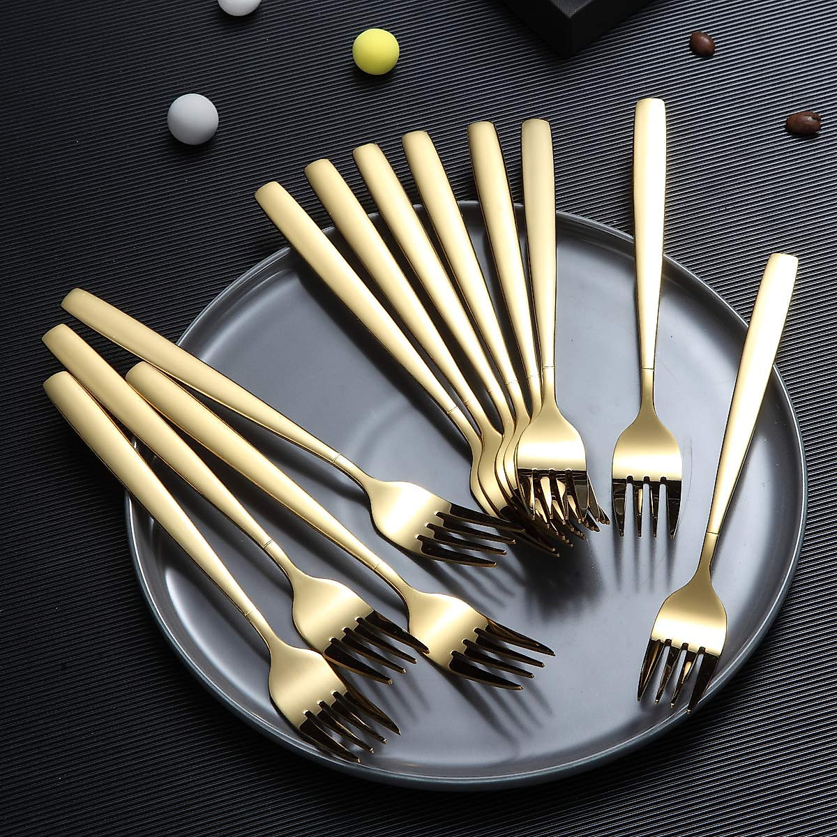 Berglander Gold Dinner Forks of 12, Stainless Steel Titanium Golden Plating Fork Set, Forks And Spoons Silverware, Spoons And Forks Set