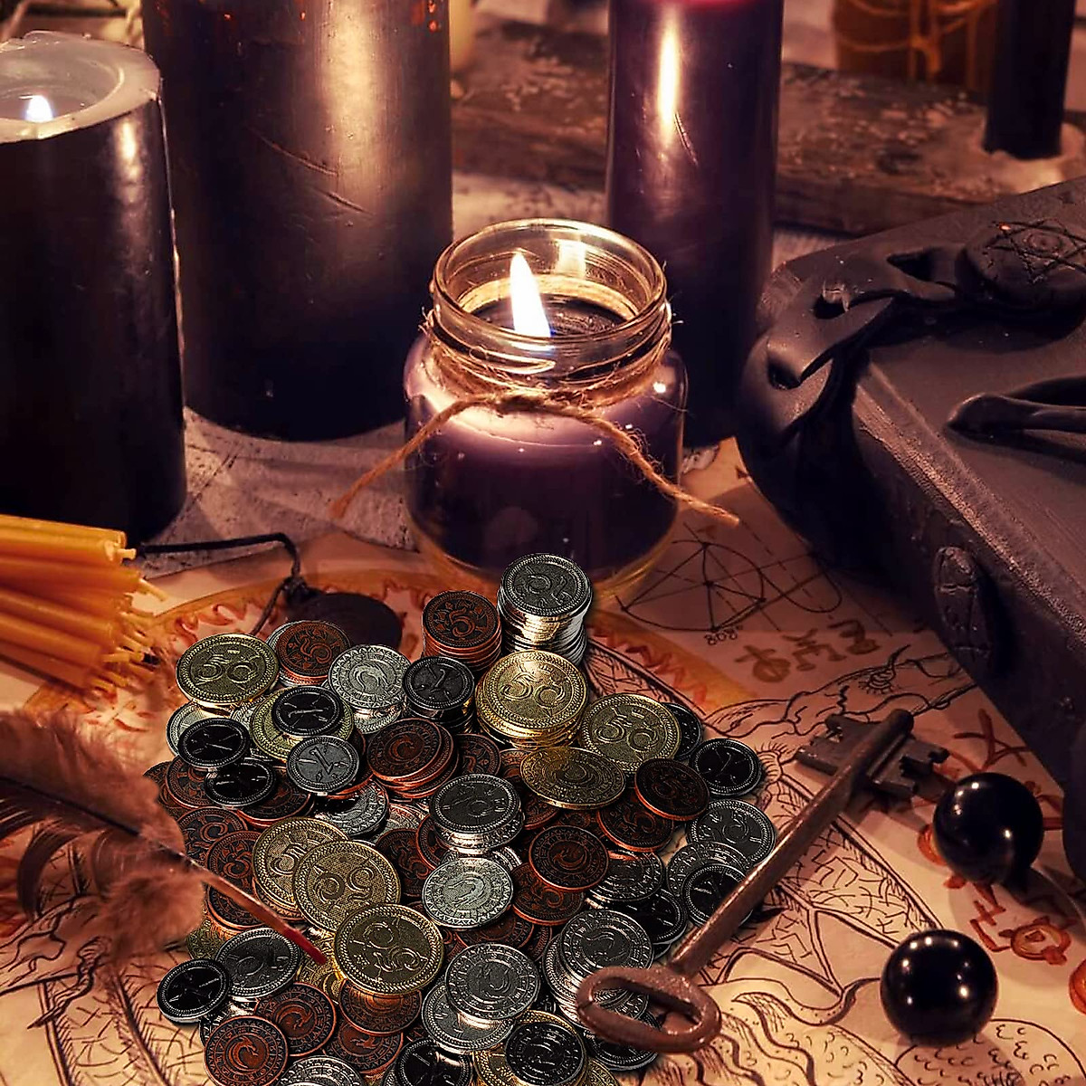 DND Metal Coins Set of 60 with Leather Pouch - Gaming Tokens, Pirate Treasure, Accessories & Props for Board Games, Dungeons and Dragons, Tabletop RPGs and LARP