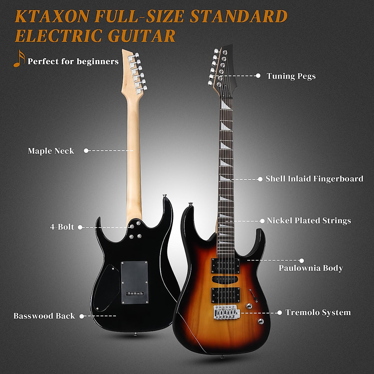 Ktaxon 39" Electric Guitar with 20Watt Amp, Full Size 170 Model Starter Guitar Kit for Beginners & Professional W/Bag, Shoulder Strap, Wrench Tool, Plectrum - Brown Sunburst