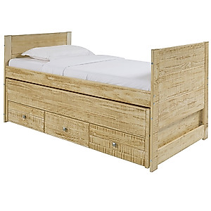 Bedz King All in One Twin Bed with Twin Trundle and 3 Built in Drawers, Weathered Honey